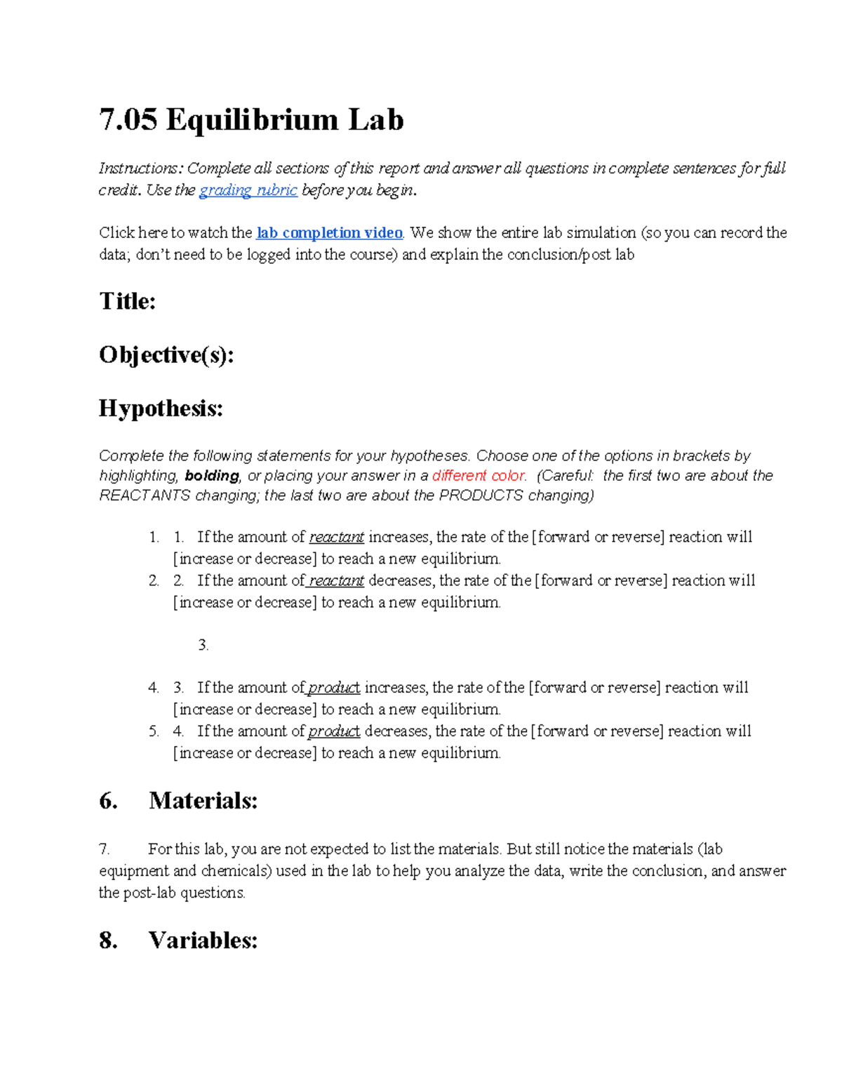 7.05 Equilibrium Lab Report: Data Analysis and Conclusions - Studocu