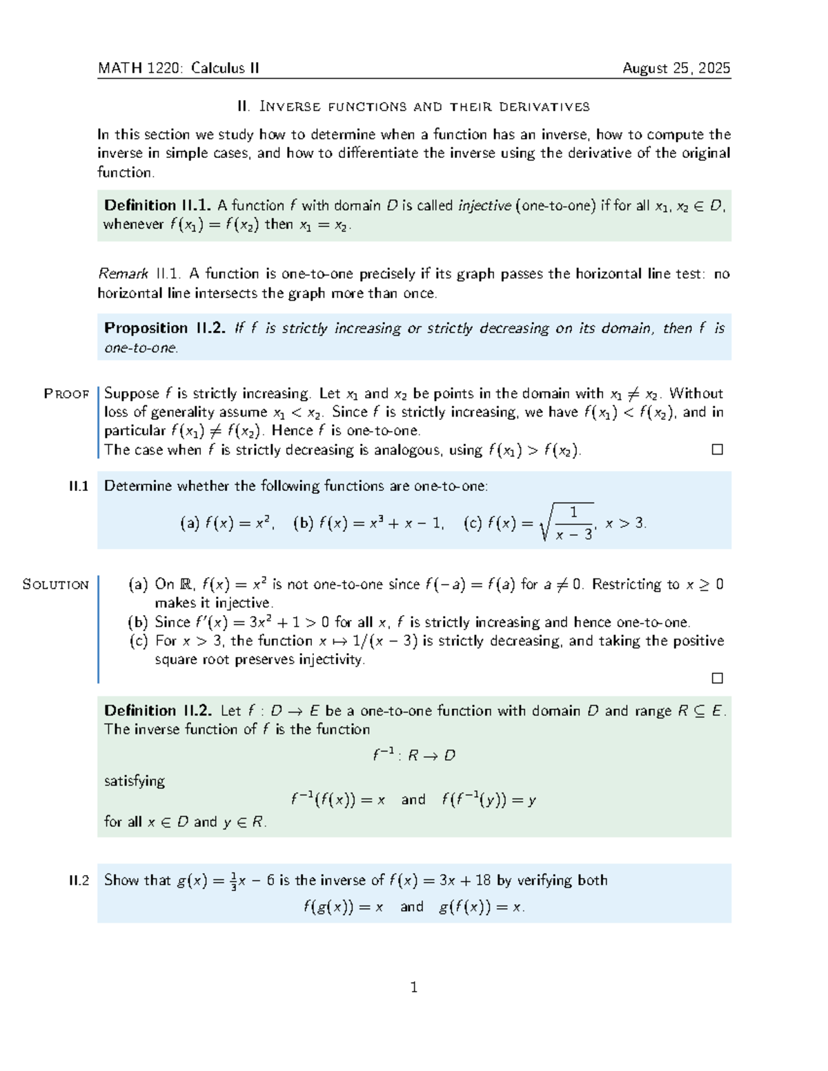 MATH 1220: Calculus II Midterm Study Guide on Inverse Functions - Studocu
