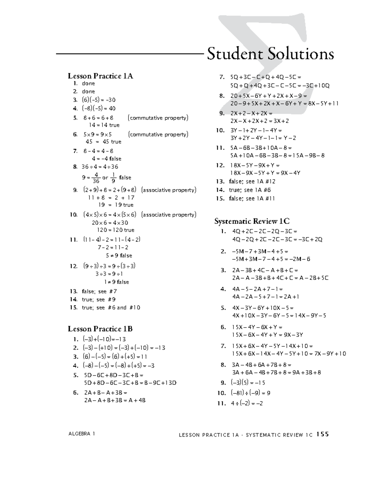 Algebra 1 Lesson Practices & Systematic Review Solutions - Studocu
