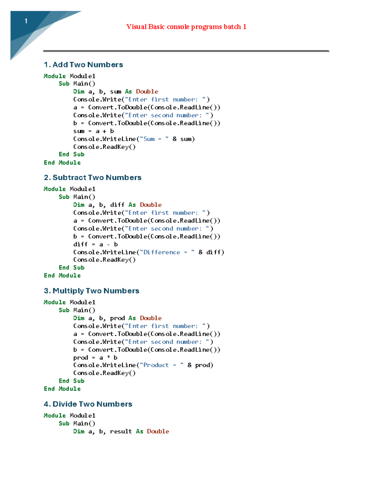 VB Console Programs Practical Batch 1: Key Operations & Functions - Studocu
