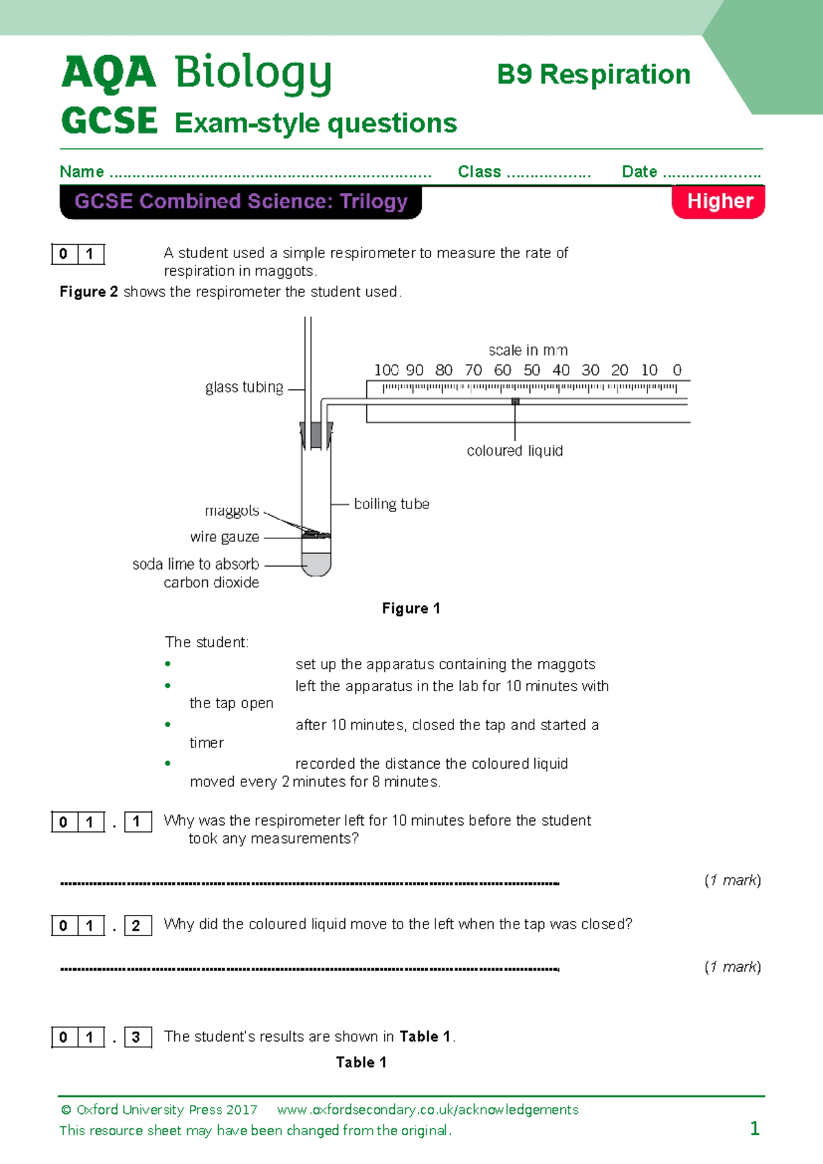 B9 Higher Assessment - Respirometer and Glycogen Test Paper - Studocu
