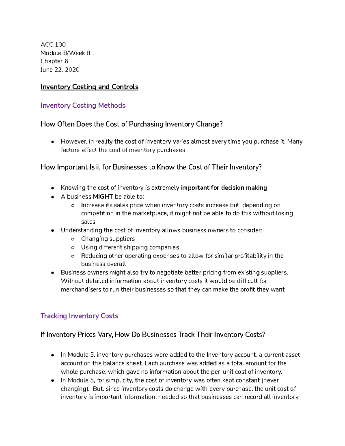 Module 8 Week 8 - notes for ACC 100 - ACC 100 Module 8/Week 8 Chapter 6 ...