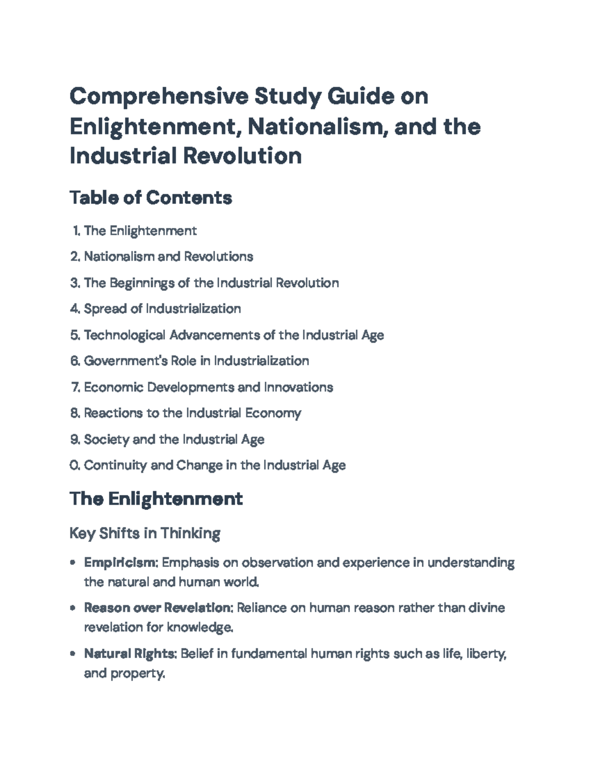 Enlightenment, Nationalism, and Industrial Revolution Study Guide ...