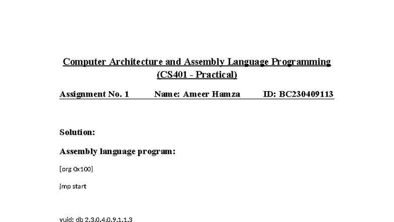 CS401 - Practical Assignment 1: Assembly Language Program Solution - Studocu