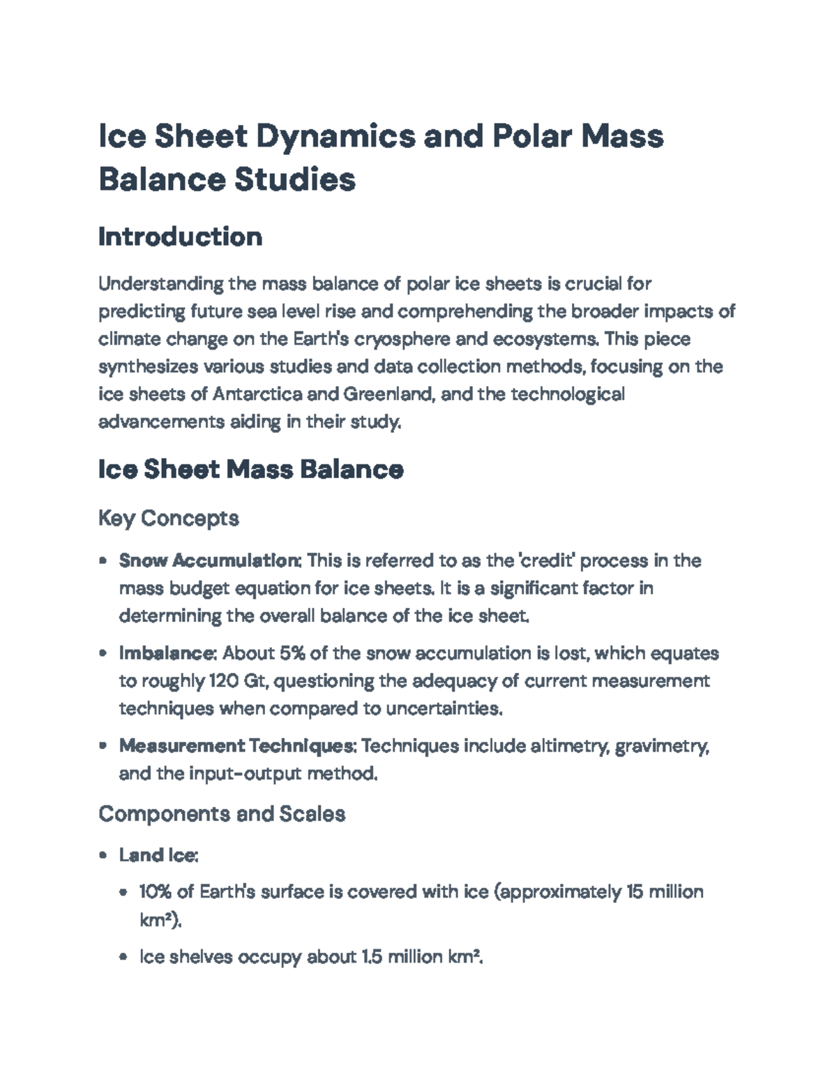 Ice Sheet Dynamics and Mass Balance Studies: Impacts on Climate Change ...