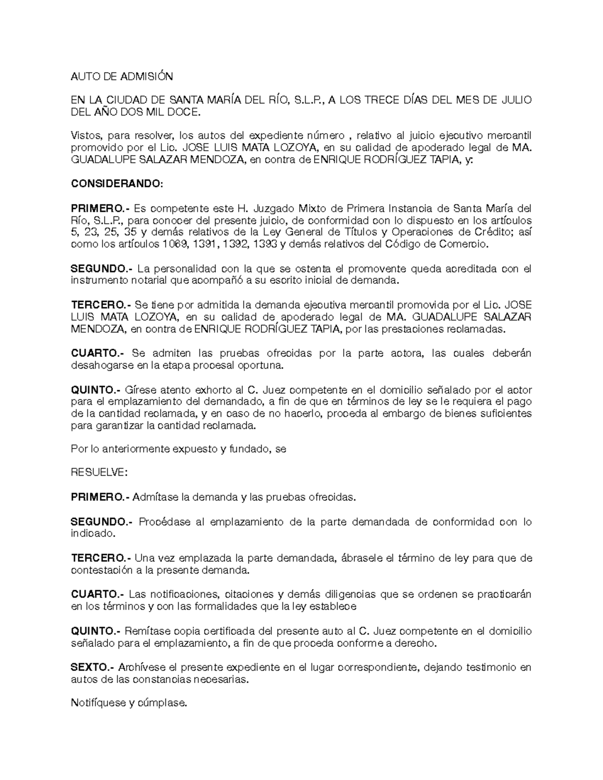AUTO DE ADMISIÓN: Ejemplo de Juicio Ejecutivo Mercantil - Studocu