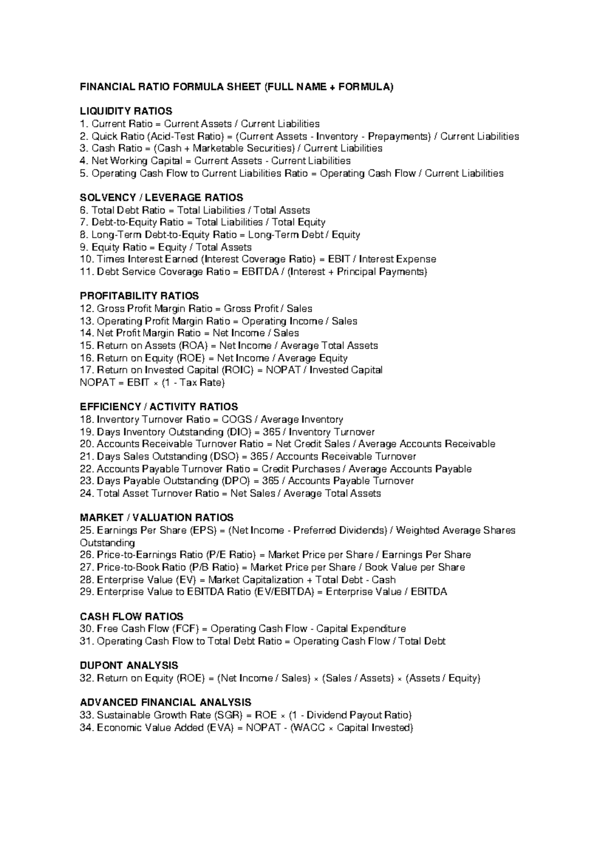 FINMAN: Comprehensive Financial Ratio Formula Sheet - Studocu