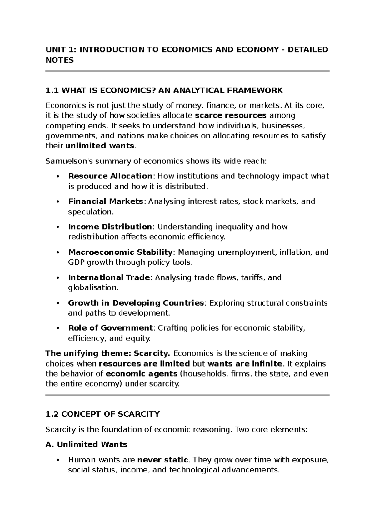 UNIT 1: INTRODUCTION TO ECONOMICS - DETAILED NOTES - Studocu
