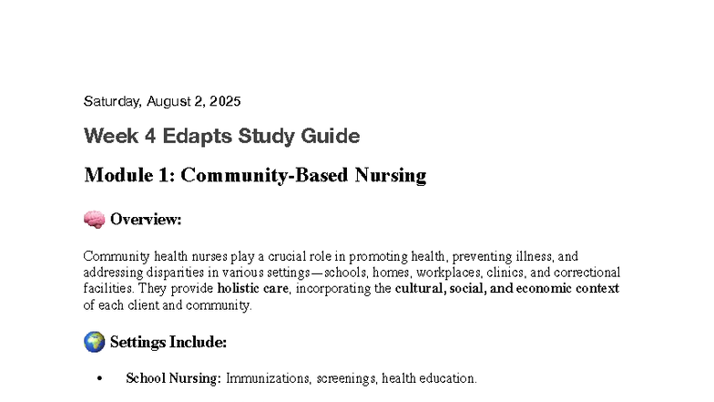 NUR 101: Week 4 Community Health Nursing Study Guide - Studocu
