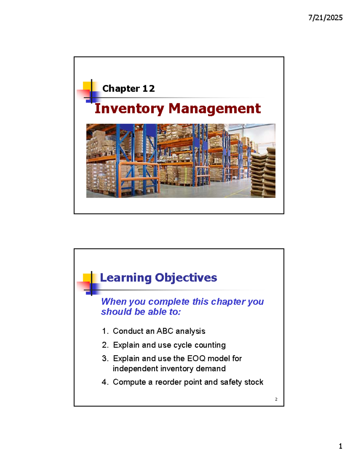 Chapter 12: Inventory Management - Key Concepts and Learning Objectives ...