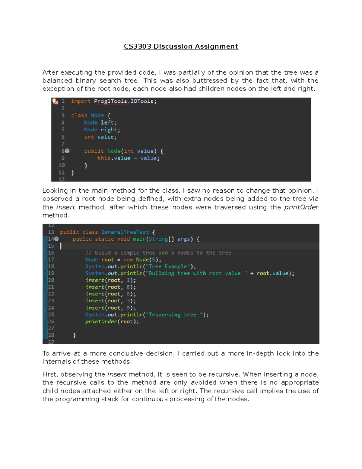 CS3303 Discussion Assignment: Analysis of Binary Tree Structure - Studocu