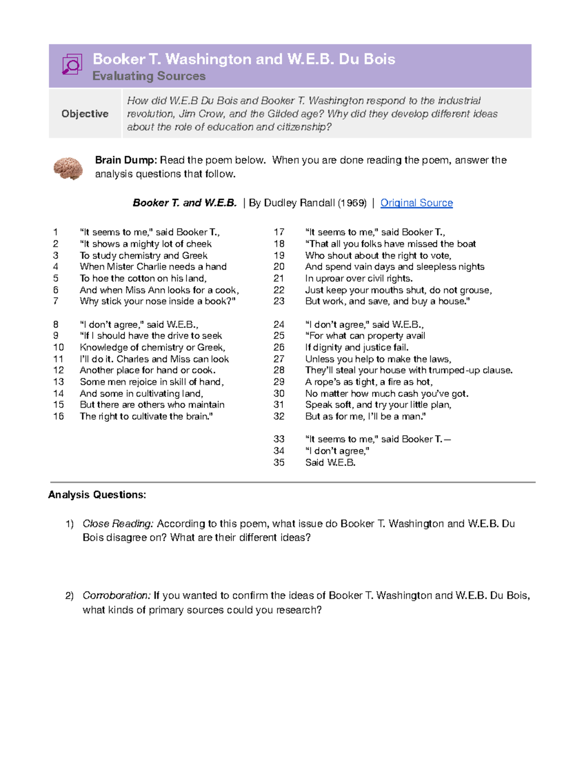 Unit 5: Evaluating Sources on Booker T. Washington & W.E.B. Du Bois ...