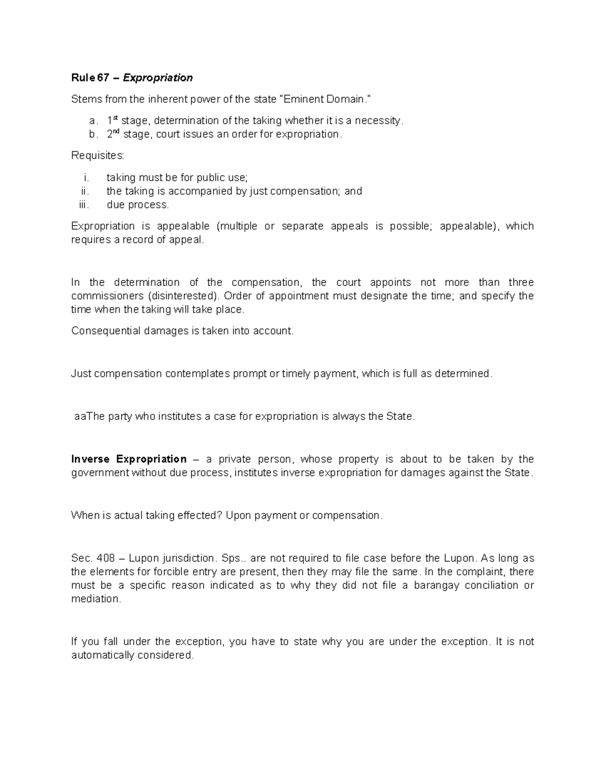 Rule 67 Expropriation Notes: Stages, Process, and Compensation - Studocu