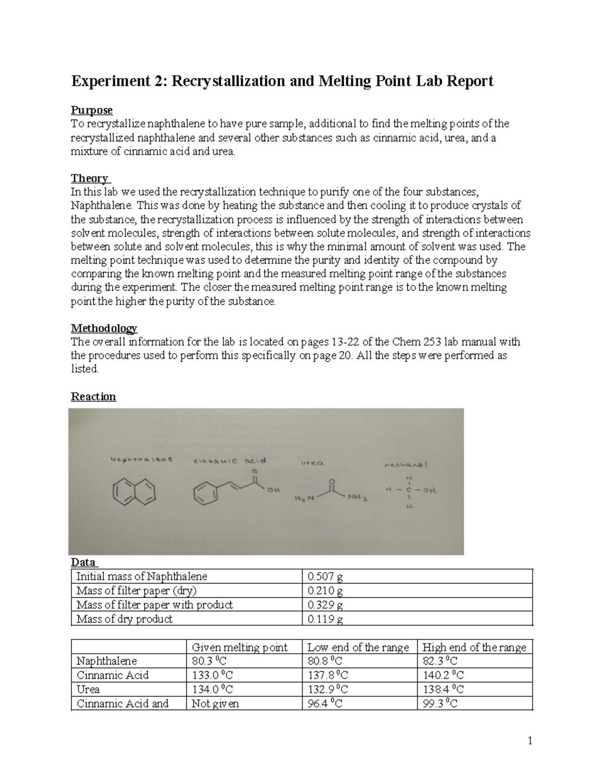 Recrystallization and Melting Point Lab Report - Experiment 2 ...