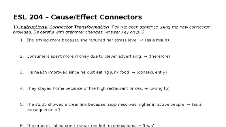 ESL 204 Cause and Effect Connectors: Transformations & Completion - Studocu