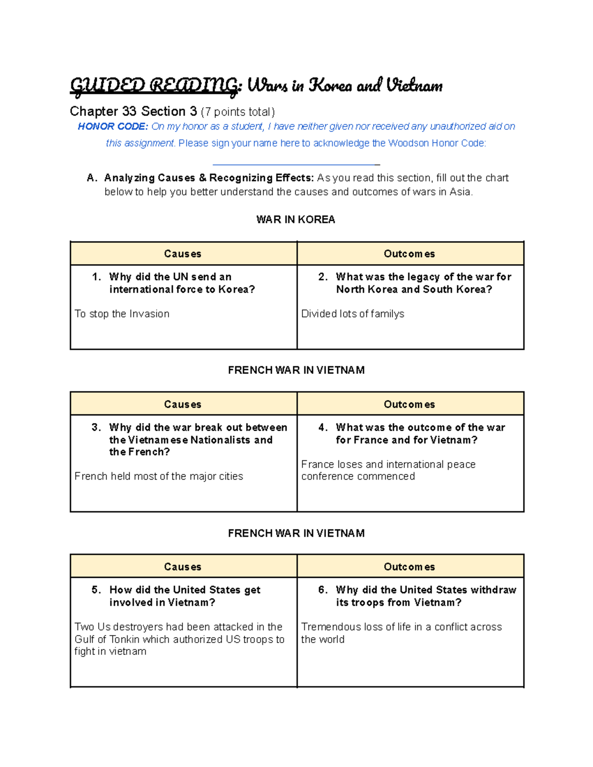 Wars in Korea and Vietnam - GUIDED READING: Wa i Kore an Vietna Chapter ...