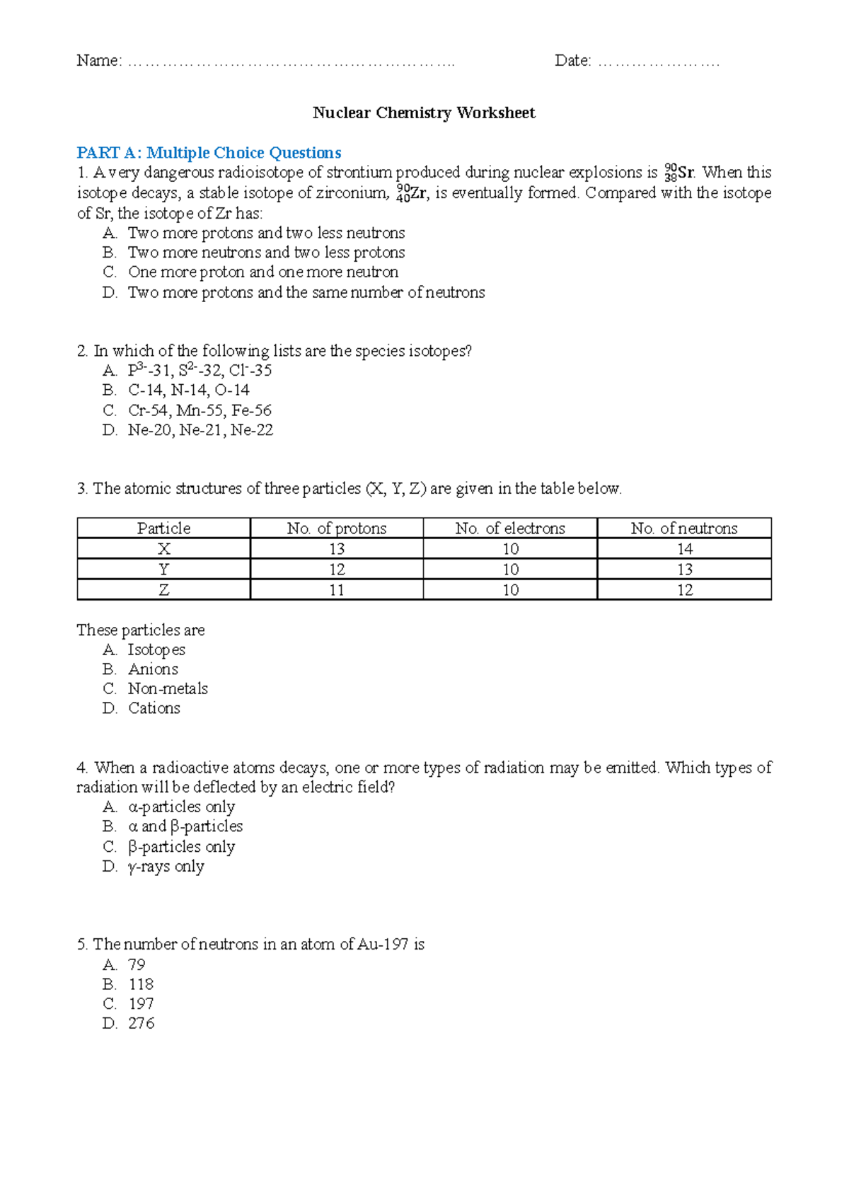 Nuclear Chemistry Worksheet: MCQs & Short Answers (Course Code: CHEM101 ...