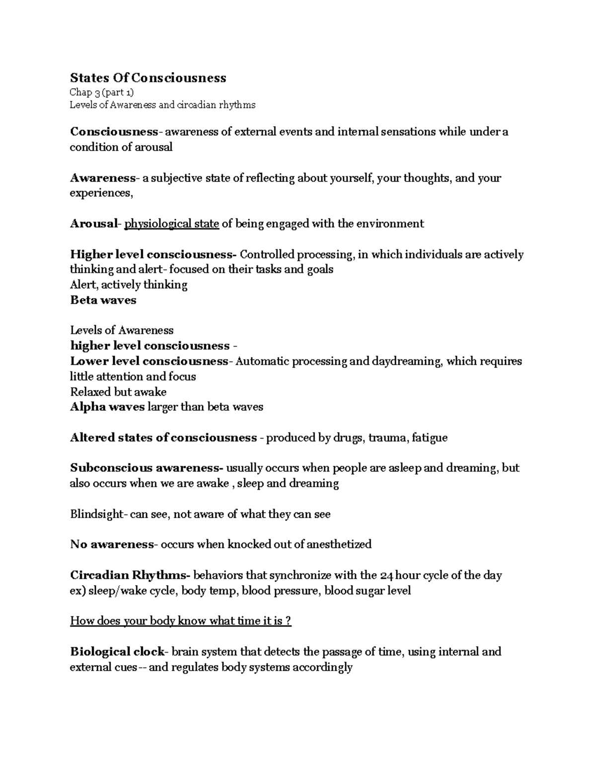 Psychology Study Notes: States of Consciousness & Development (PSY101 ...