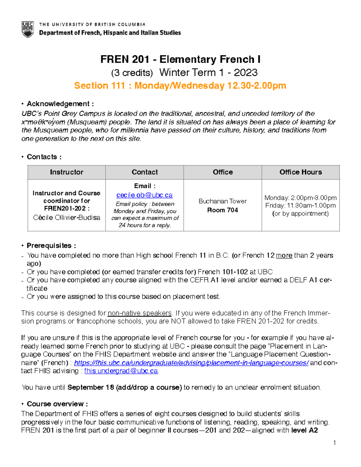 FREN 201 Syllabus - Elementary French I Winter Term 2023 Section 111 ...