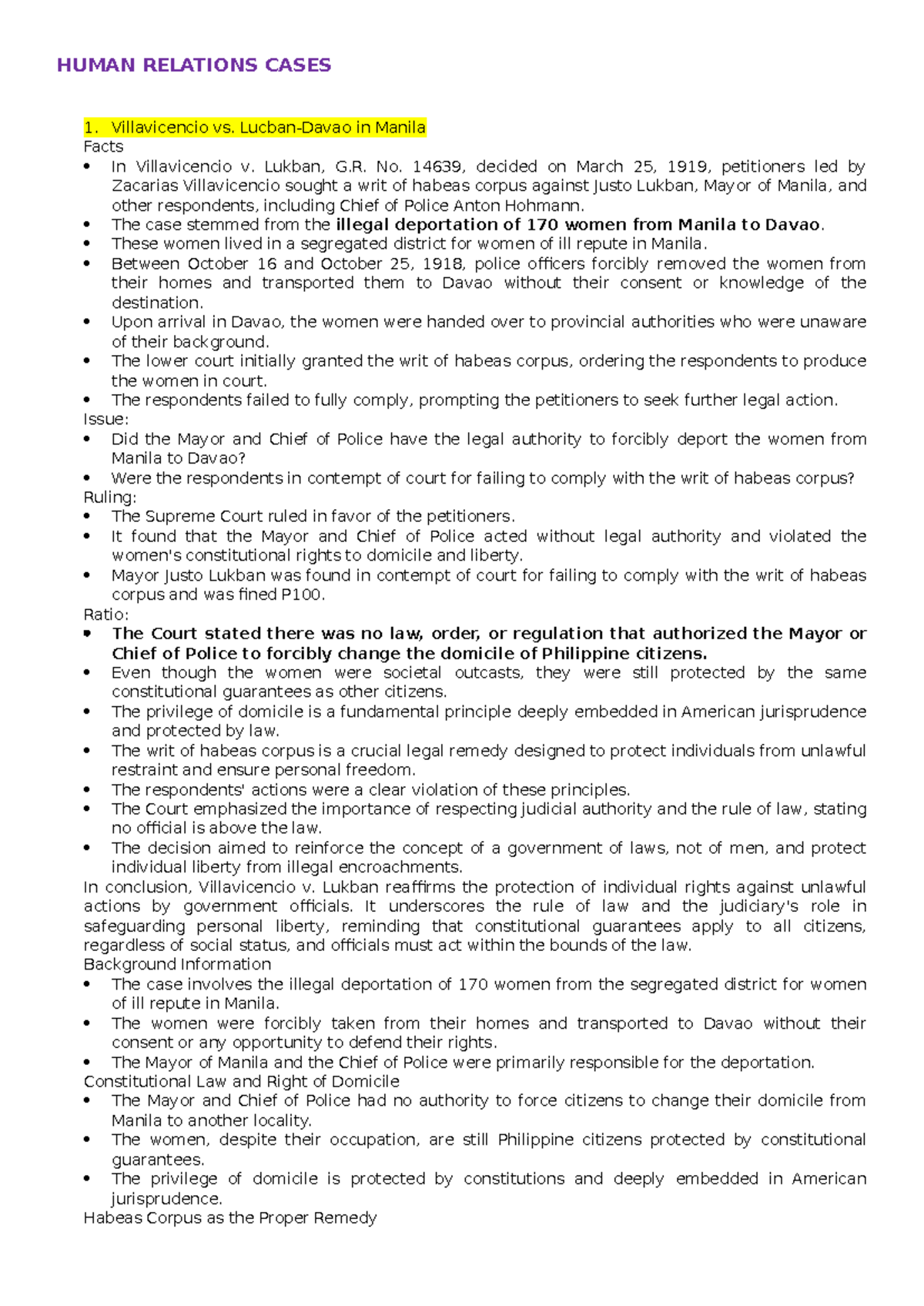 HUMAN RELATIONS CASE DIGEST: Landmark Cases and Rulings - Studocu