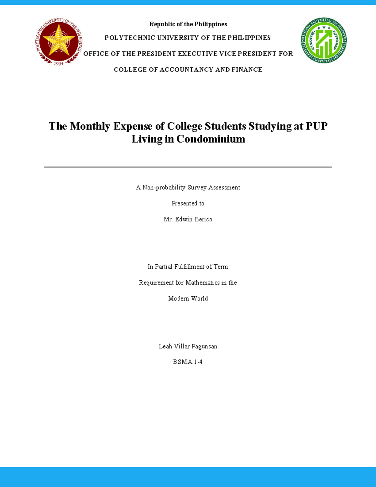 PUP MATH 1 - Monthly Expense Survey Report for Students in Condos - Studocu