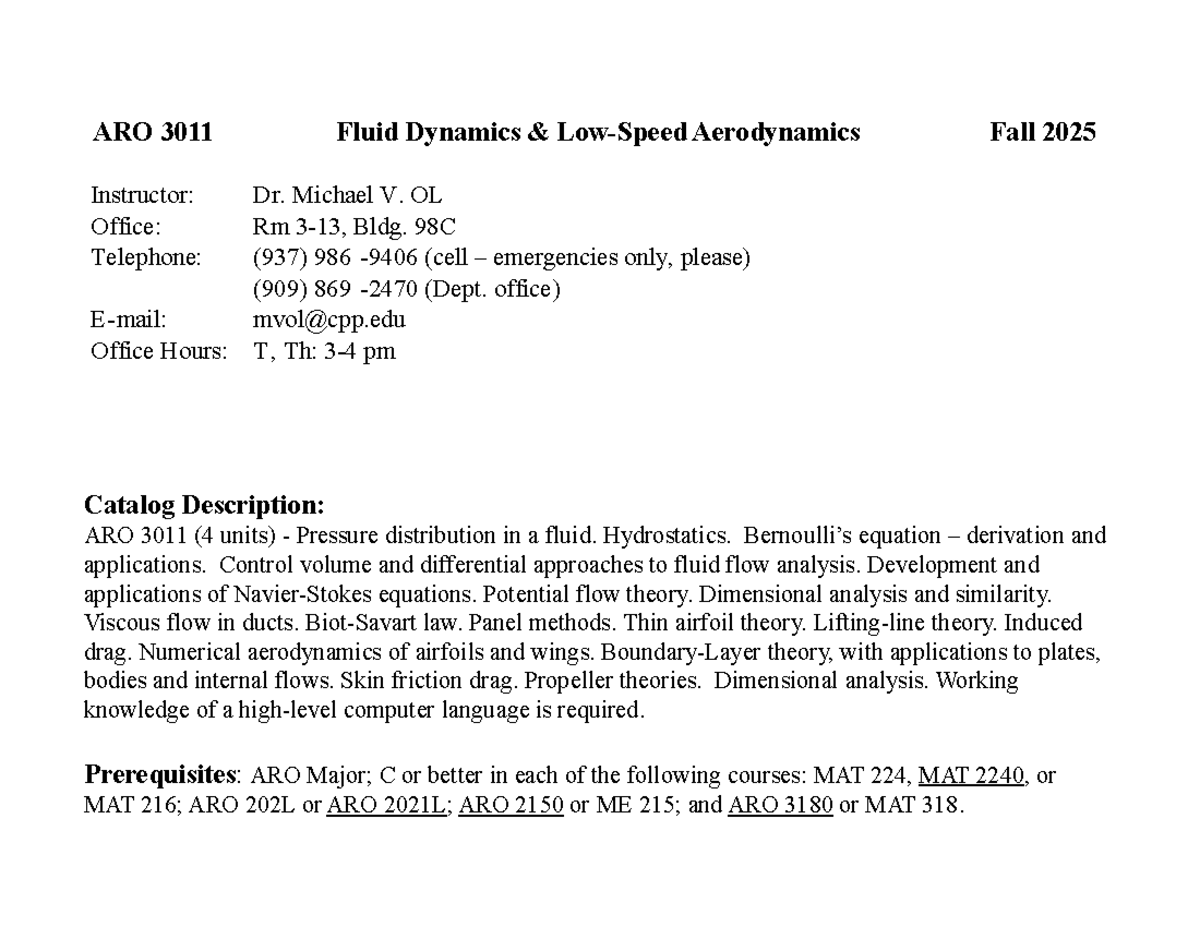 ARO 3011 Fluid Dynamics & Low-Speed Aerodynamics Lecture Notes - Aug ...