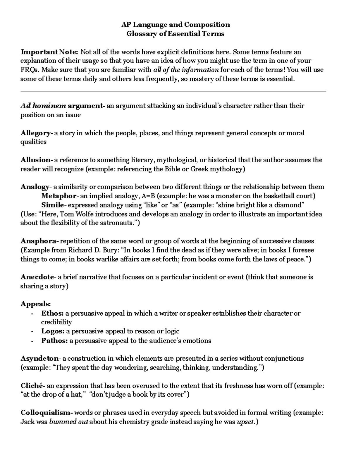AP Lang (Final Exam) Glossary of Key Terms for Test Success - Studocu