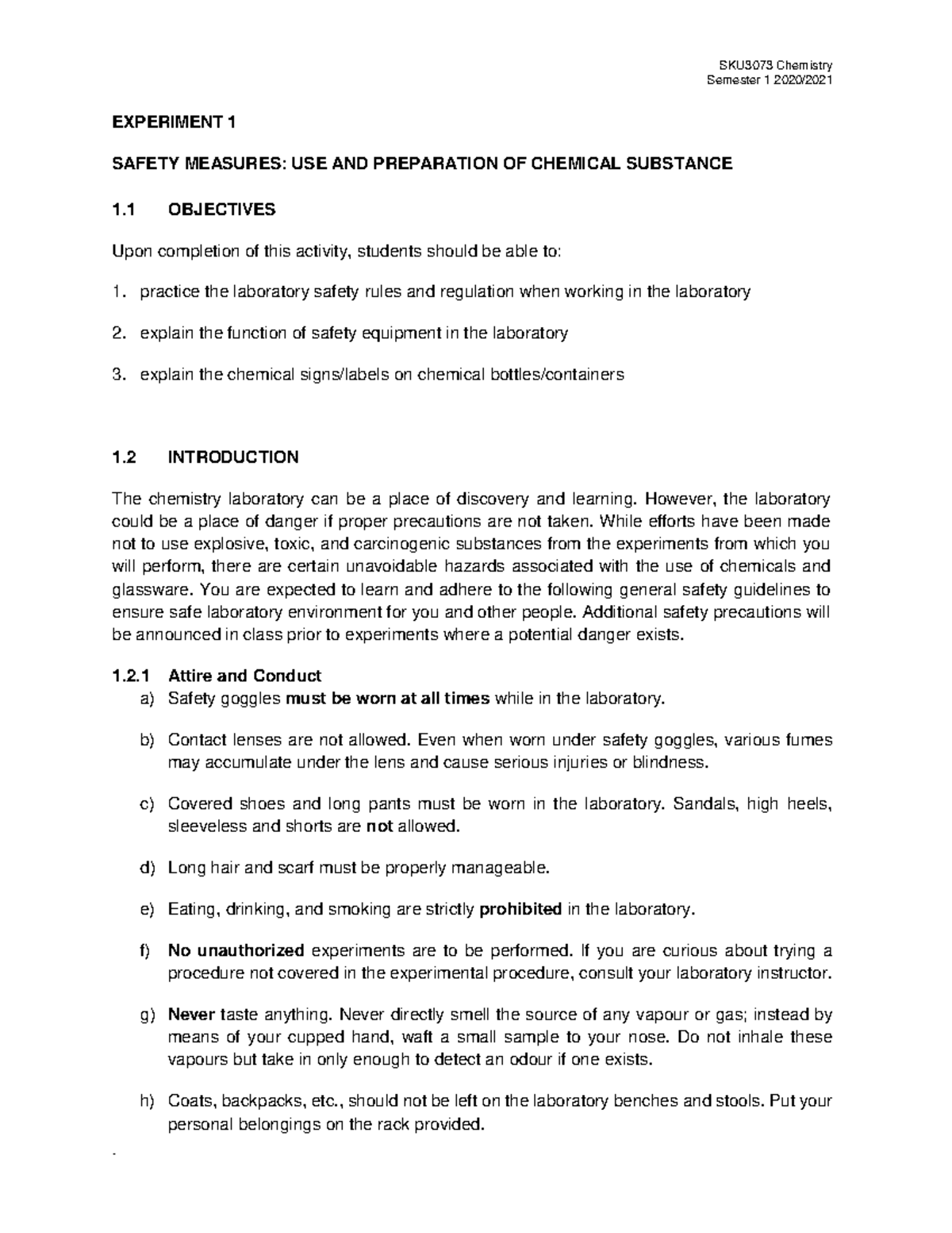 Safety Procedures for Experiment 1 (CHEM101) - Semester 1, 2020 - Studocu