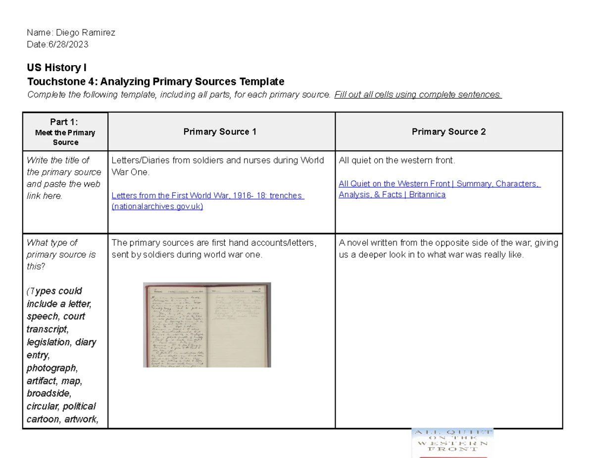 Touchstone 4: Primary Sources Analysis for US History I Assign. - Studocu