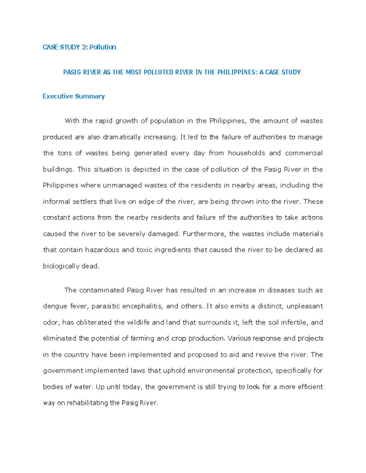 CASE STUDY: Pollution of the Pasig River in the Philippines - Studocu