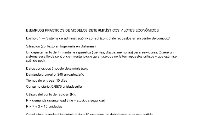 Ejemplos Prácticos de Modelos Determinísticos y Lotes Económicos - Studocu