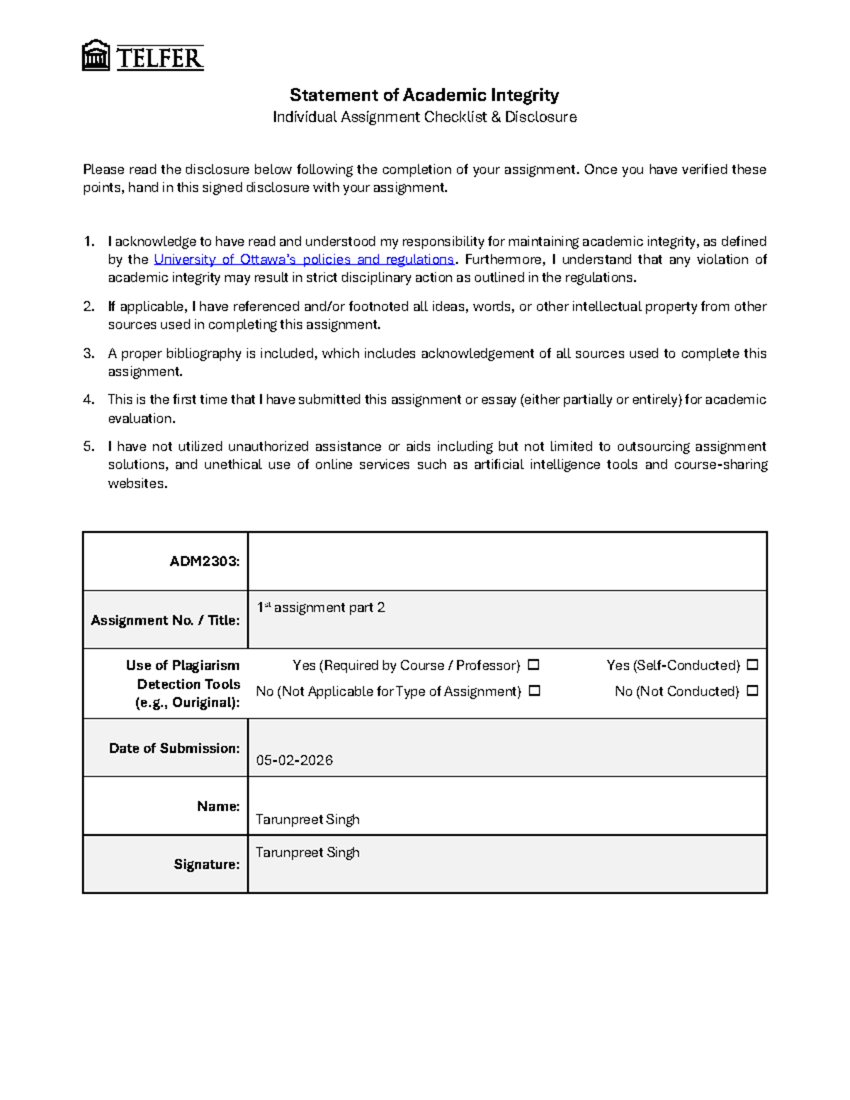 ADM2303: Academic Integrity Individual Assignment Checklist - Studocu