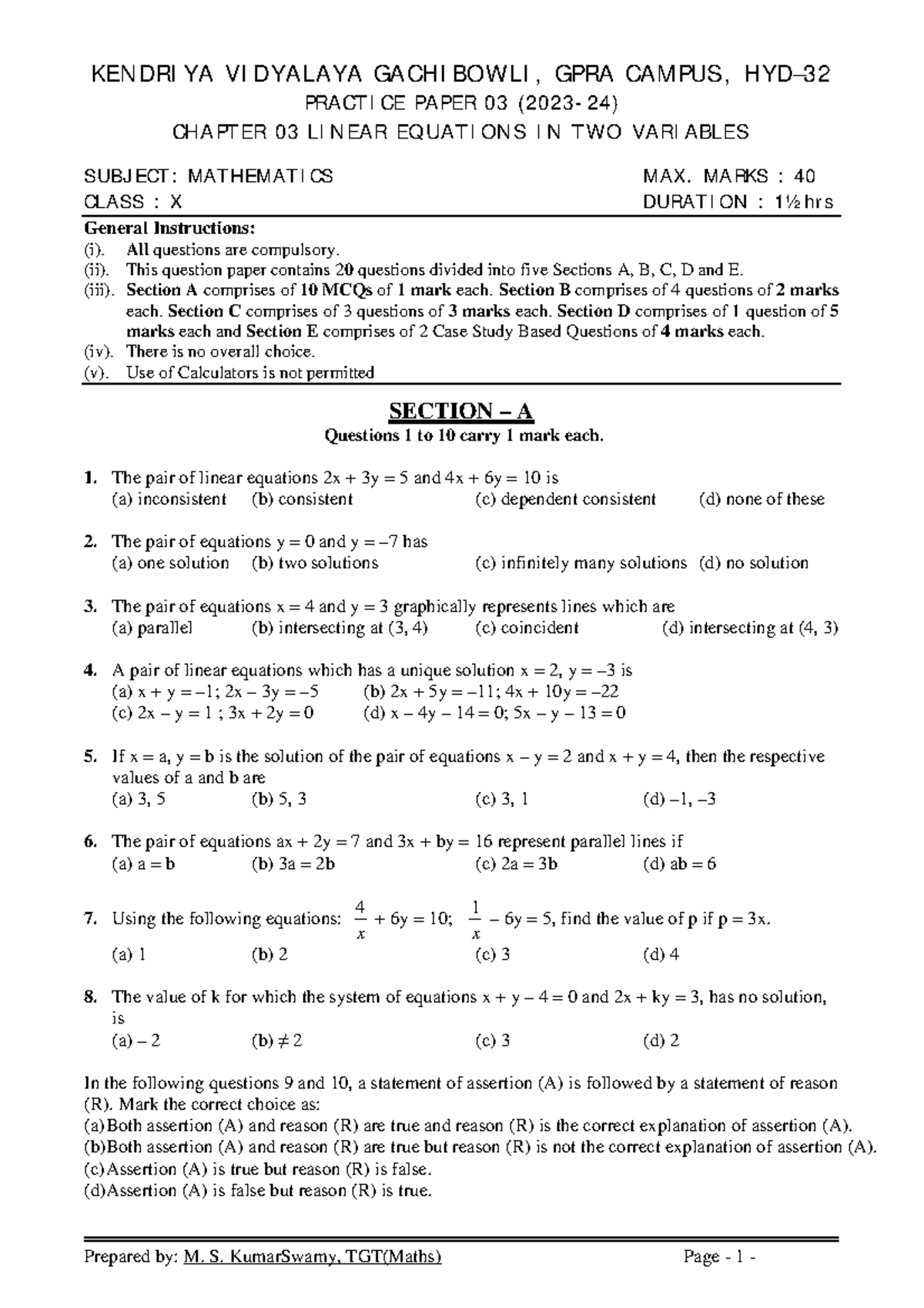 Maths Class X Practice Paper 03: Chapter 03 Linear Equations - Studocu
