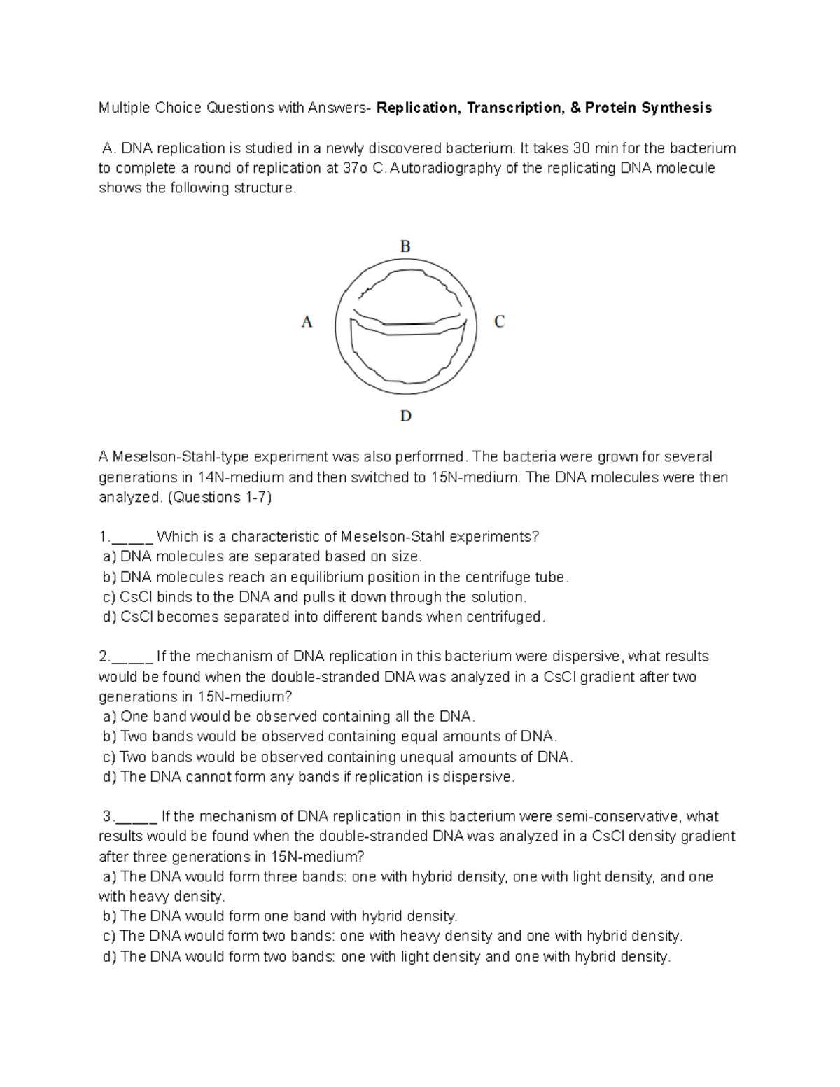 Multiple Choice Questions - Replication, Transcription, & Protein ...