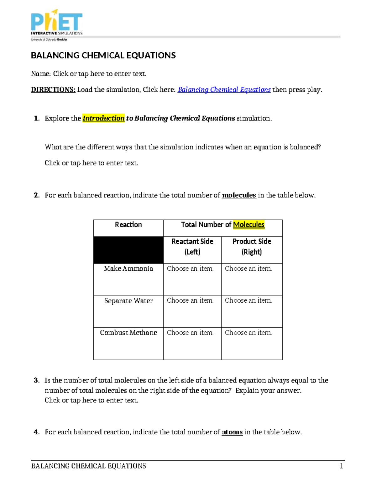 PhET - Balancing Chemical Equations Simulation Guide - Studocu
