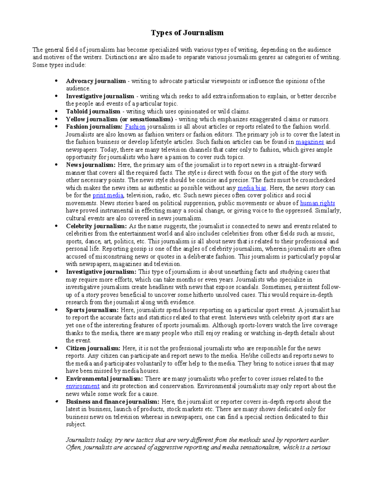 Types of Journalism: Exploring Various Writing Genres - Studocu
