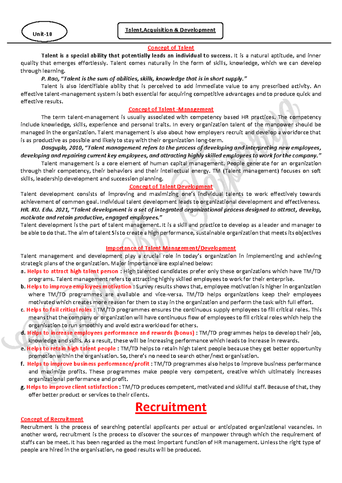 HRM U10: Talent Acquisition, Management, and Development Insights - Studocu