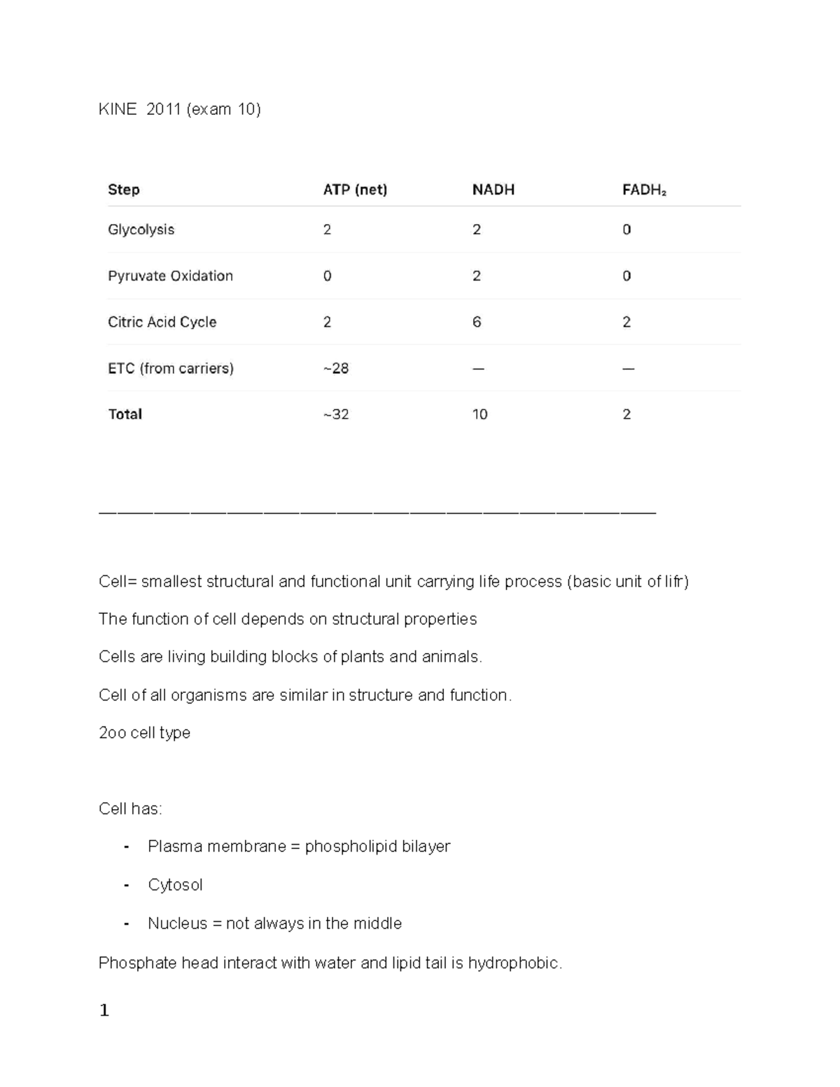 KINE 2011 Midterm Exam 1: Cell Structure and Function Overview - Studocu