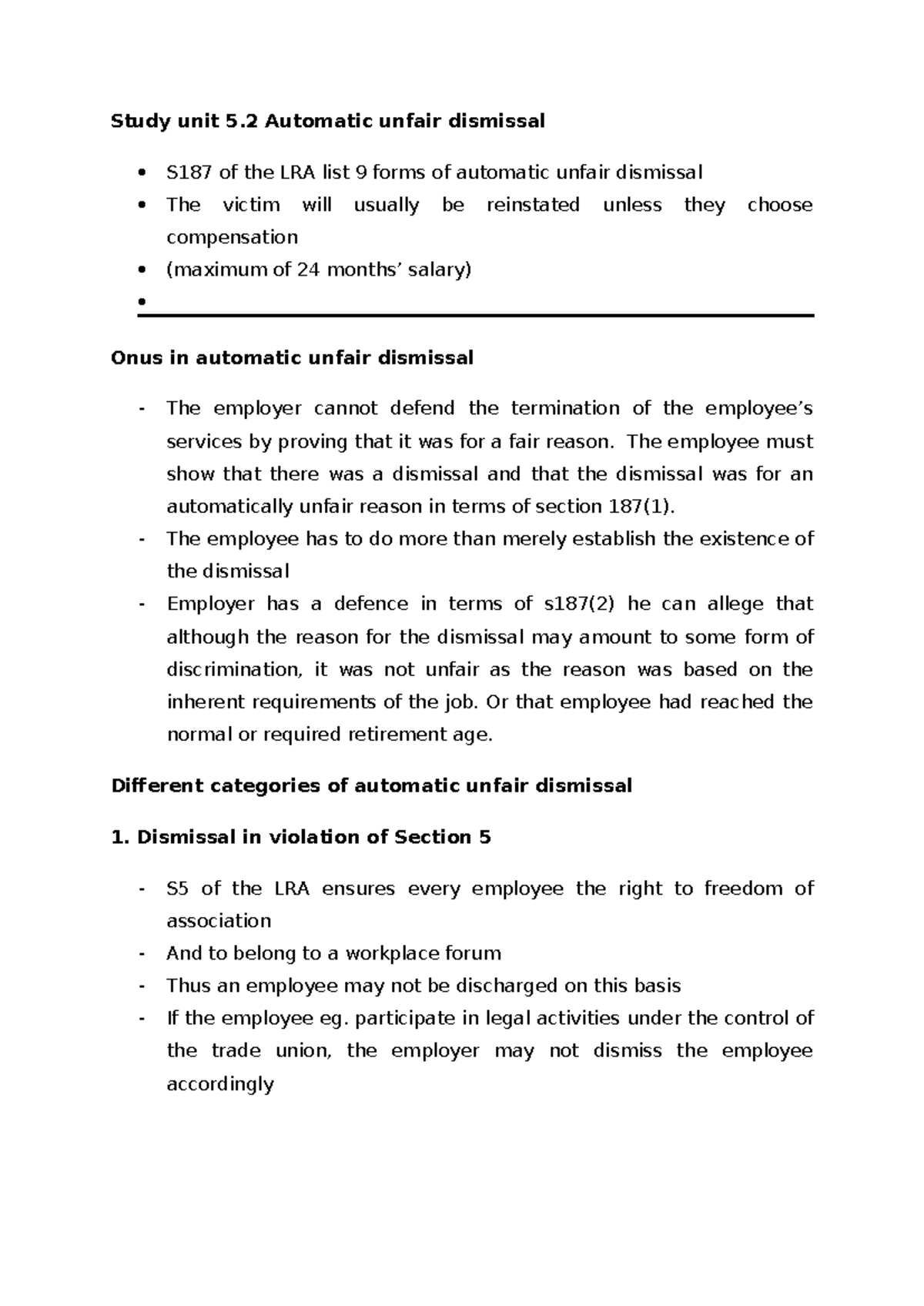 Study Unit 5.2: Understanding Automatic Unfair Dismissal under LRA - Studocu