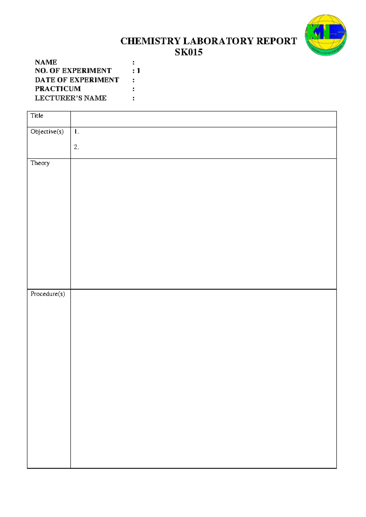 CHEMISTRY LAB REPORT SK015 SEM 1 EXP1 - Studocu