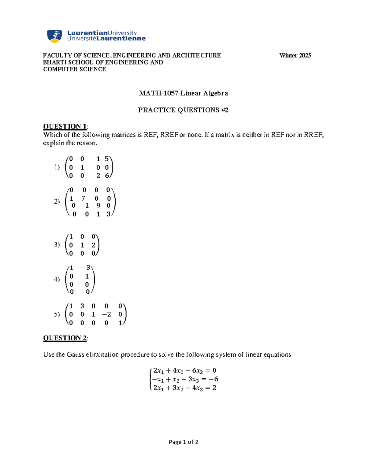MATH-1057 - Linear Algebra Practice Questions on System of Equations ...