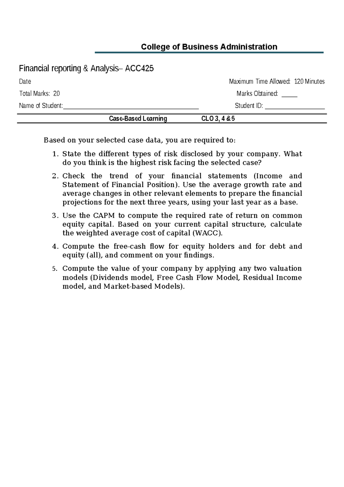 ACC425 Financial Reporting Case Study: Risk Analysis & Valuation - Studocu
