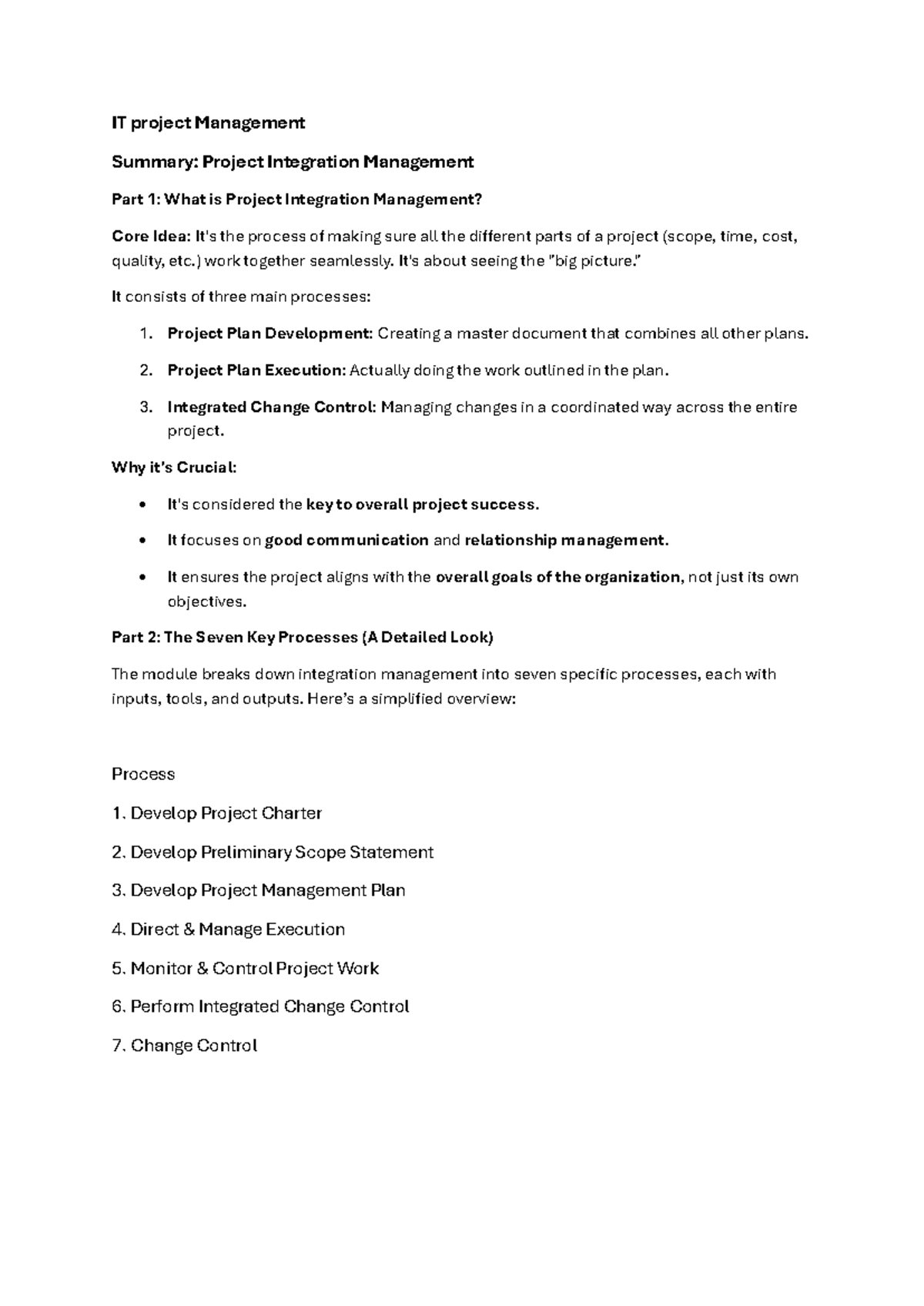 IT Project Management (ITPM) Summary: Integration Management Overview - Studocu