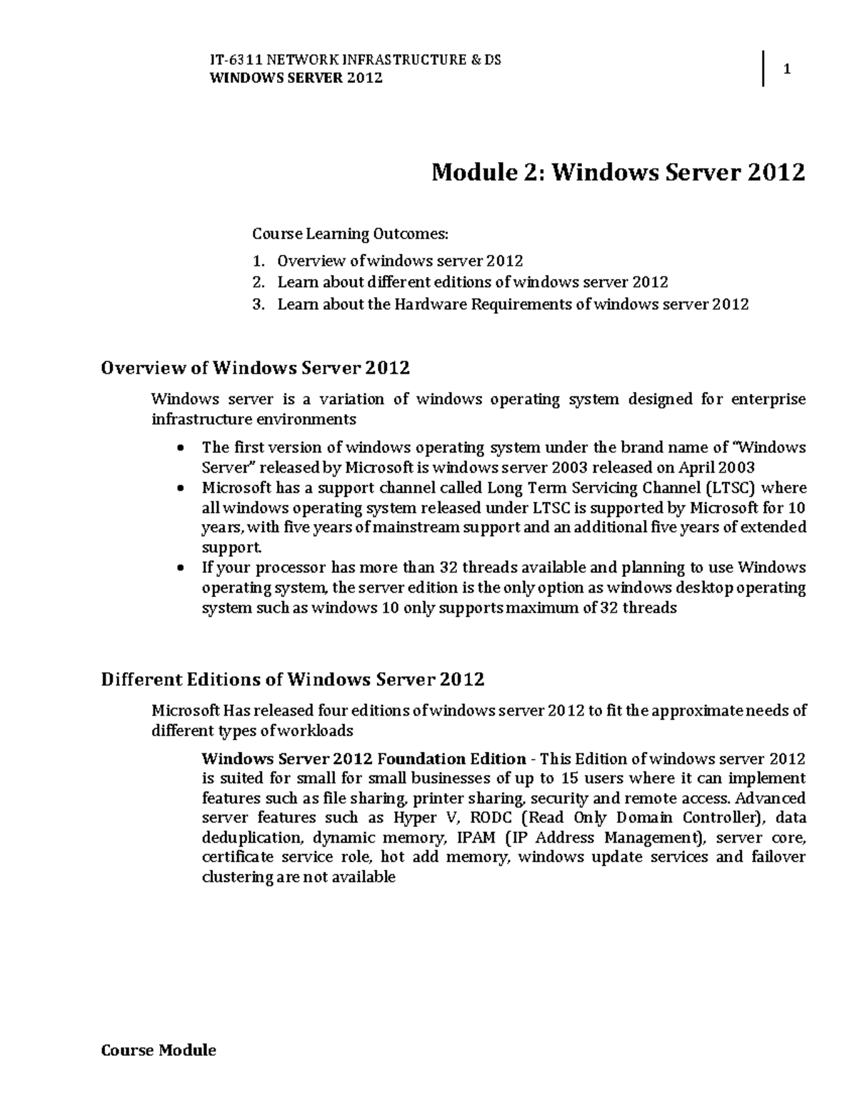 IT-6311 W001 Lesson 1: Overview of Windows Server 2012 Editions - Studocu