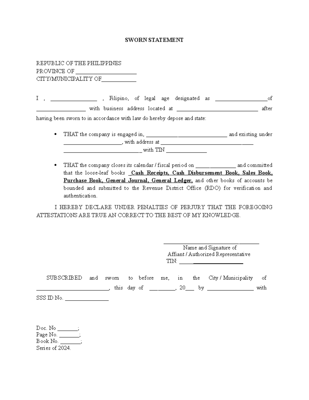 Sworn Statement Template for Legal and Business Affairs - Studocu