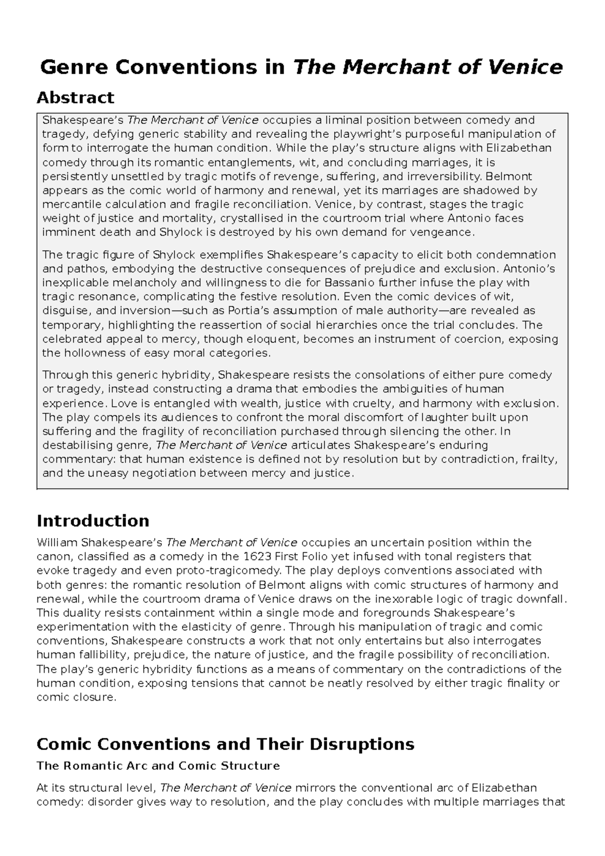 Genre Conventions in Shakespeare's The Merchant of Venice: A Dual ...