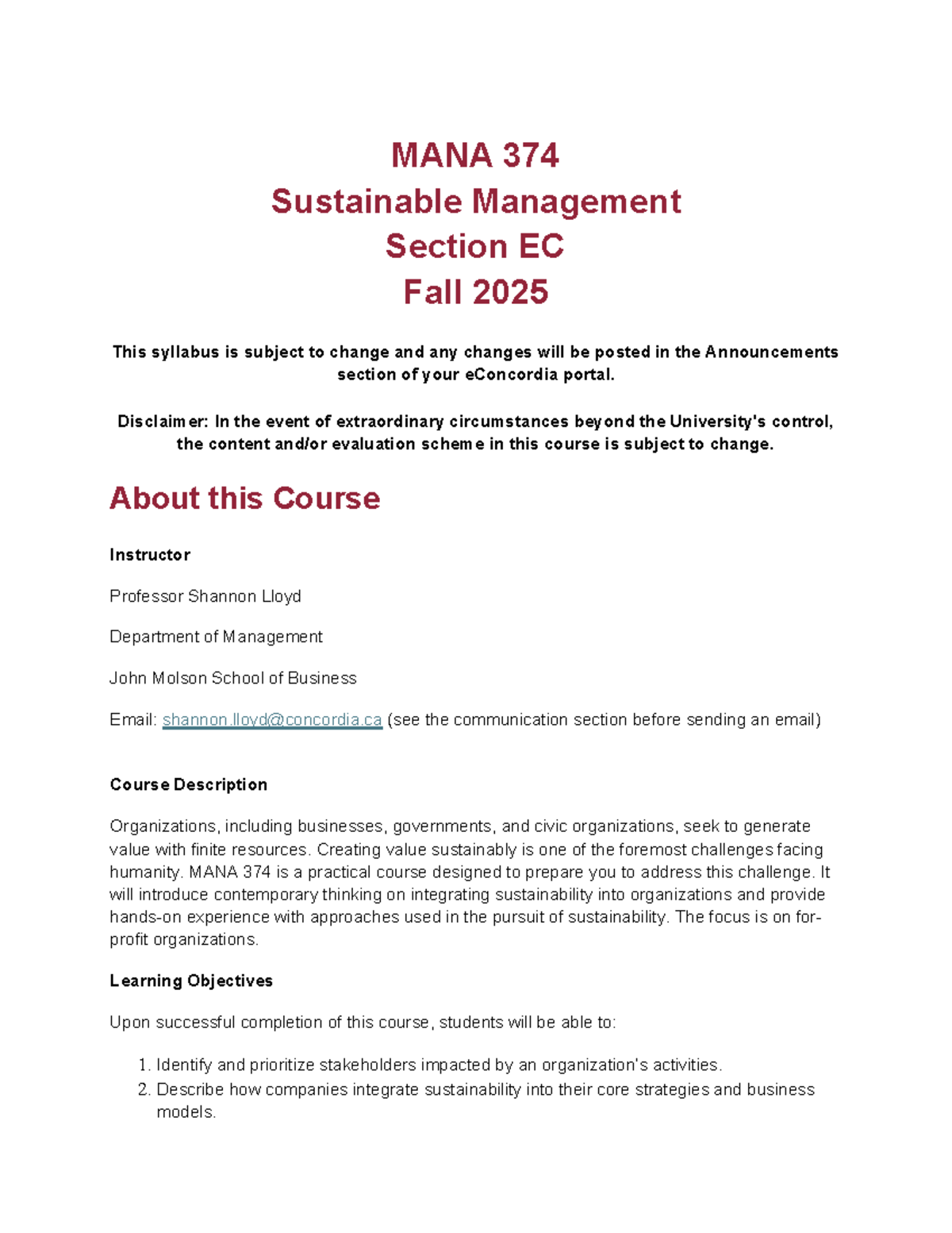 MANA 374 Sustainable Management Course Outline - Fall 2025 - Studocu