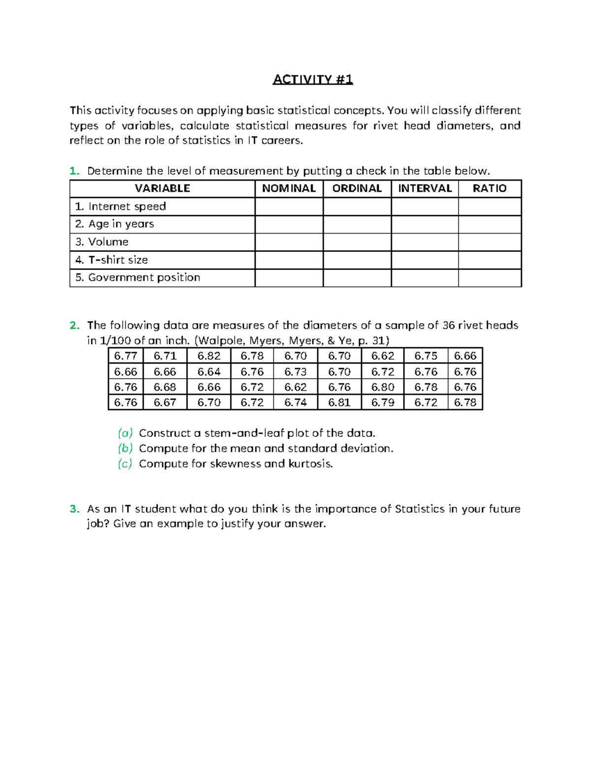 QM - Activity on Basic Statistical Concepts and Applications - Studocu