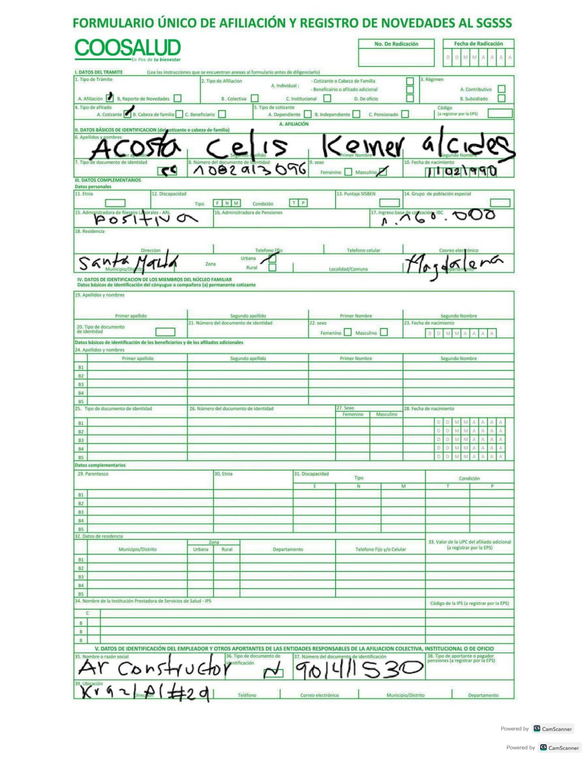 FORMULARIO ÚNICO DE AFILIACIÓN COOSALUD - Instrucciones y Registro - Studocu