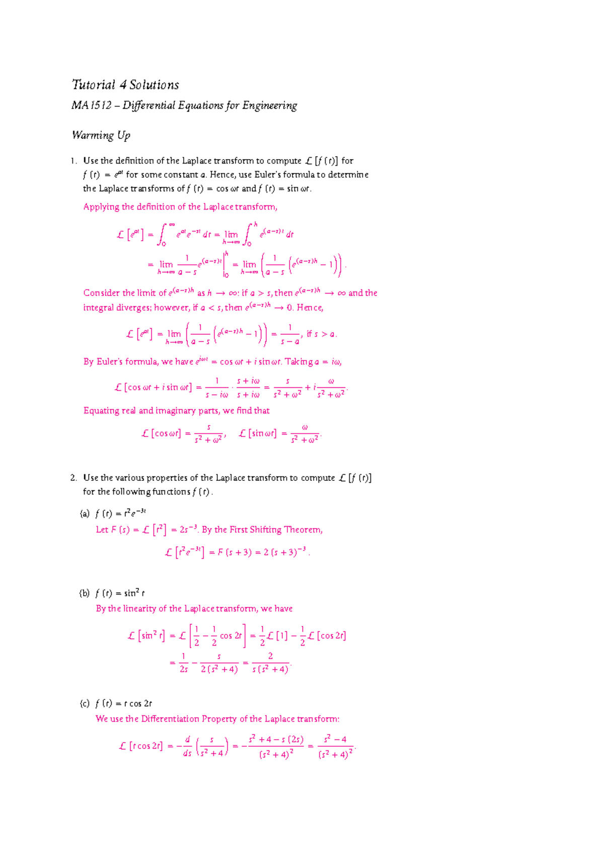 Tutorial 4 Solutions MA1512 Differential Equations for Engineering ...